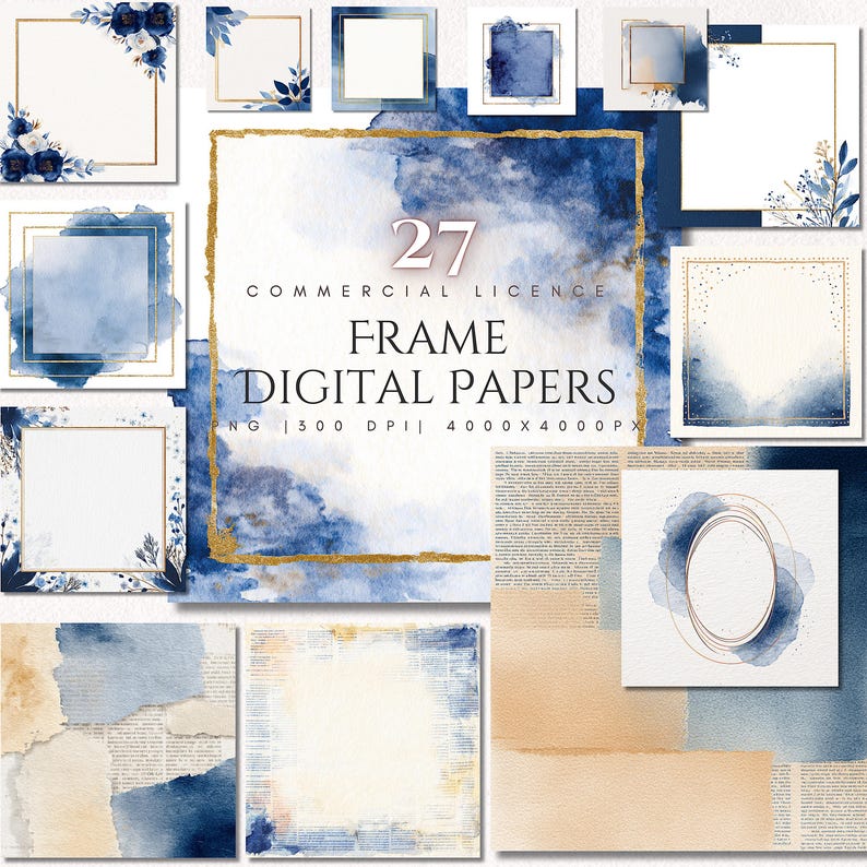 Blue Watercolor Frame Digital Papers Gold Border Backgrounds Commercial ...