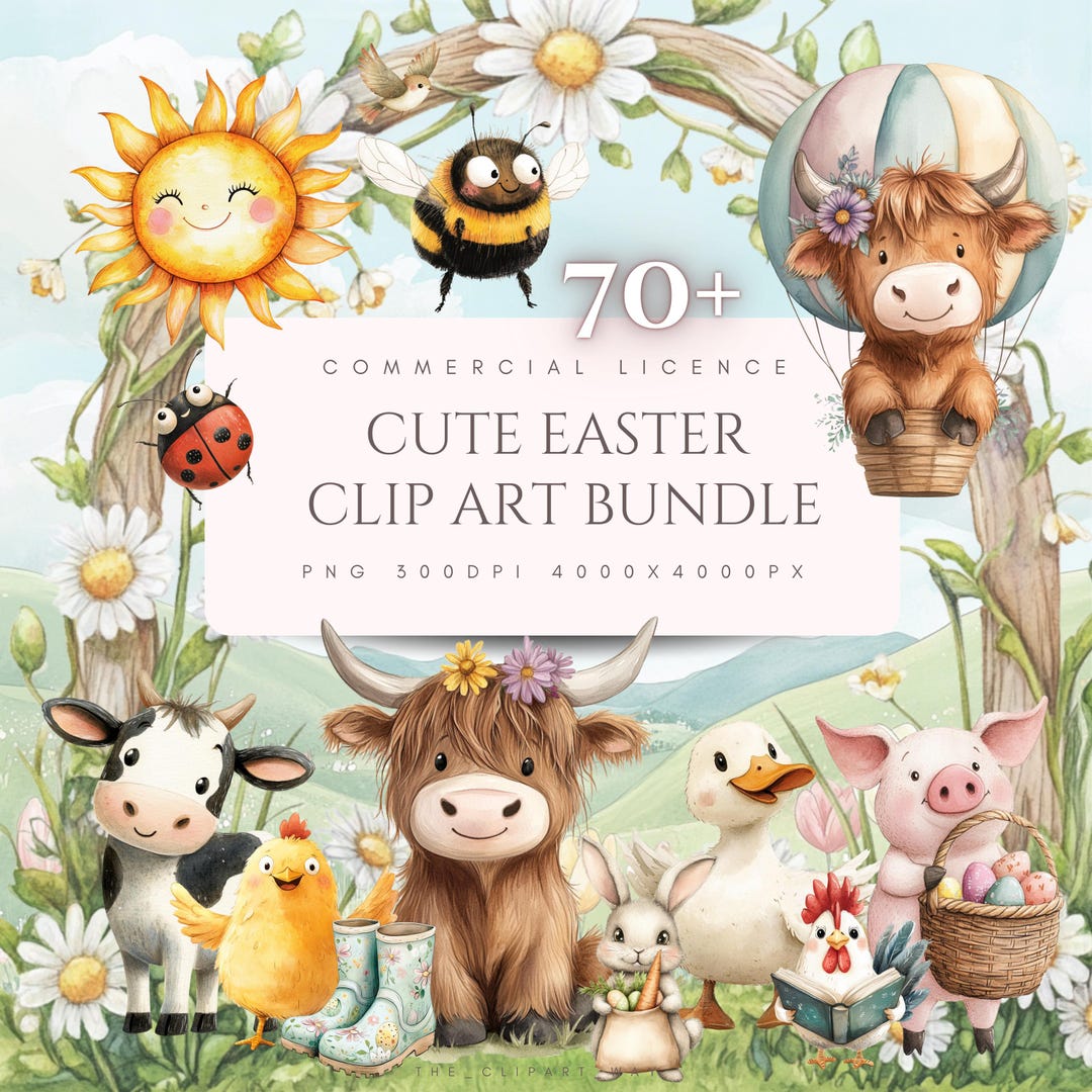 Easter Farm Animal Clipart PNG Spring Card Making Cow Chicken Duck ...