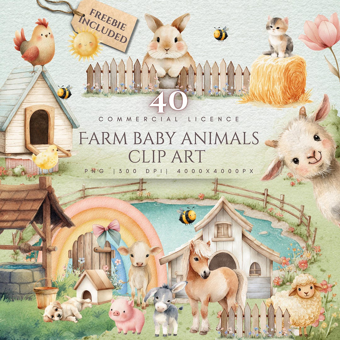 Pastel Watercolor Farm Animals Clipart Bundle (PNG) - Etsy