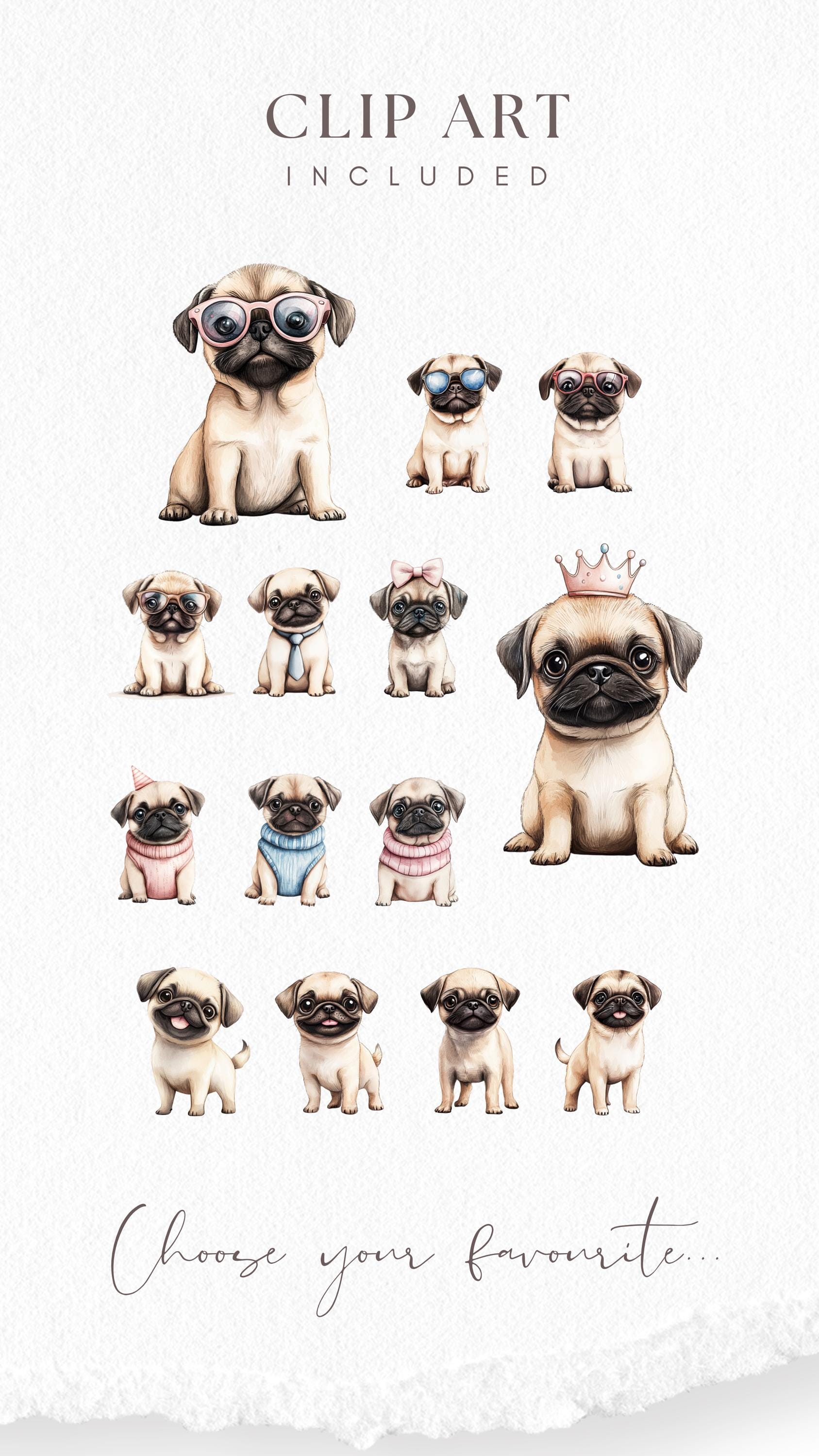 Cute Pug Breed Dog Clipart Bundle PNG Pug Puppy Lover Illustration Clip ...