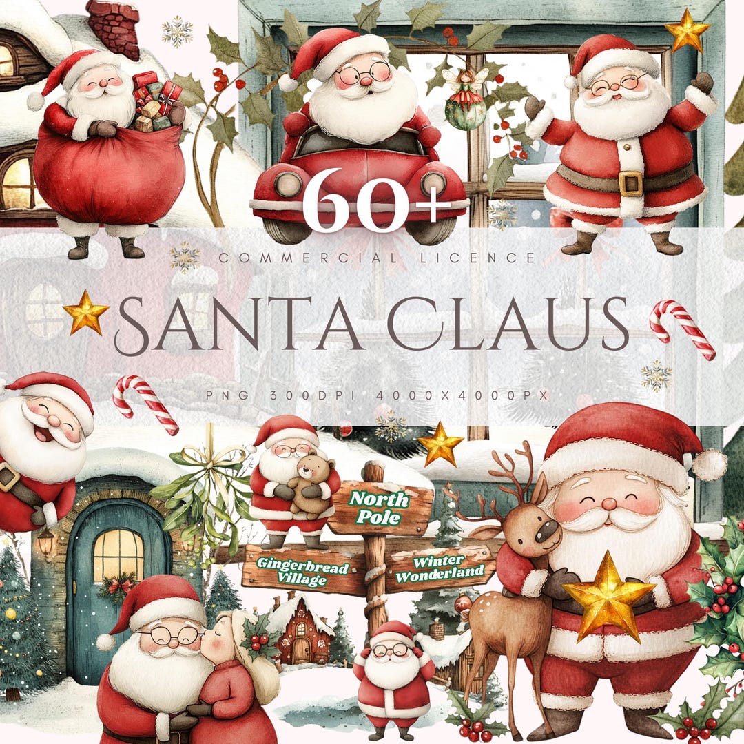 Watercolor Santa Claus Clipart Bundle: Christmas PNG Graphics (digital ...