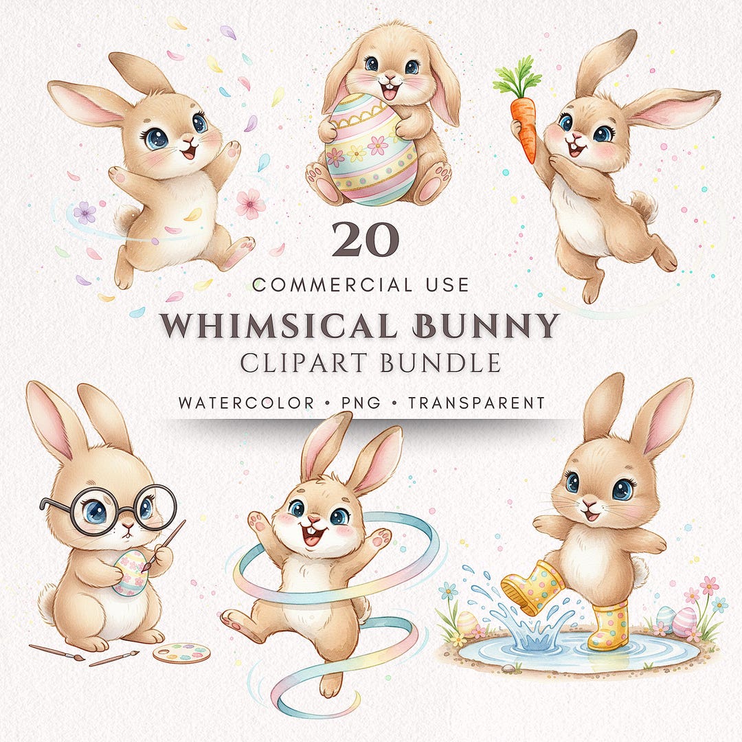 Whimsical Easter Bunny Clipart PNG Bundle Commercial Use Cute Spring ...