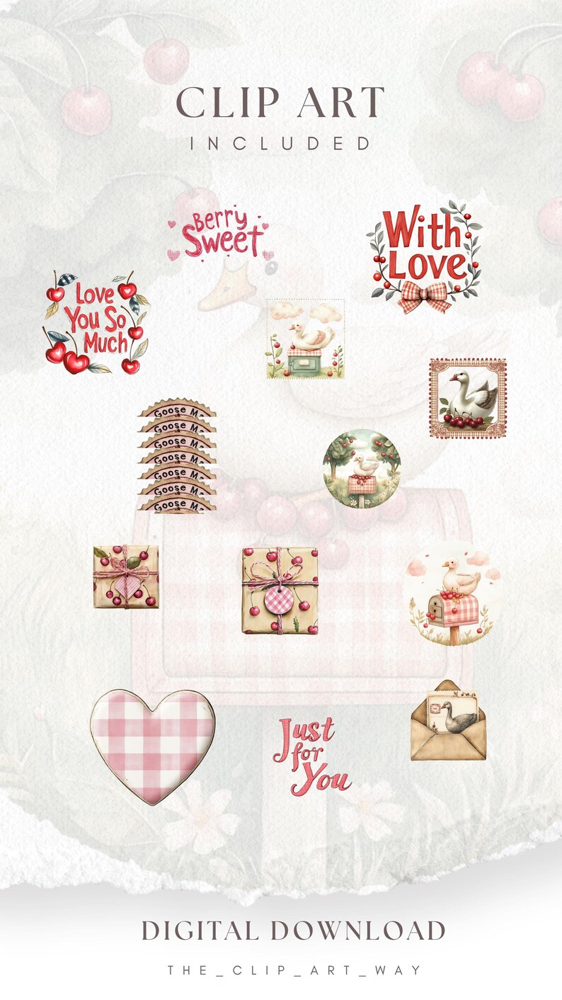 Gingham Cherry Goose Clipart Bundle Retro Watercolor Cute Geese With ...
