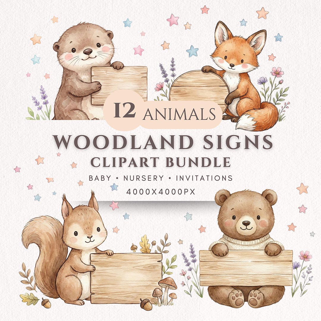 Woodland Sign Clipart Watercolor Animal Sign PNG Nursery Name Sign ...