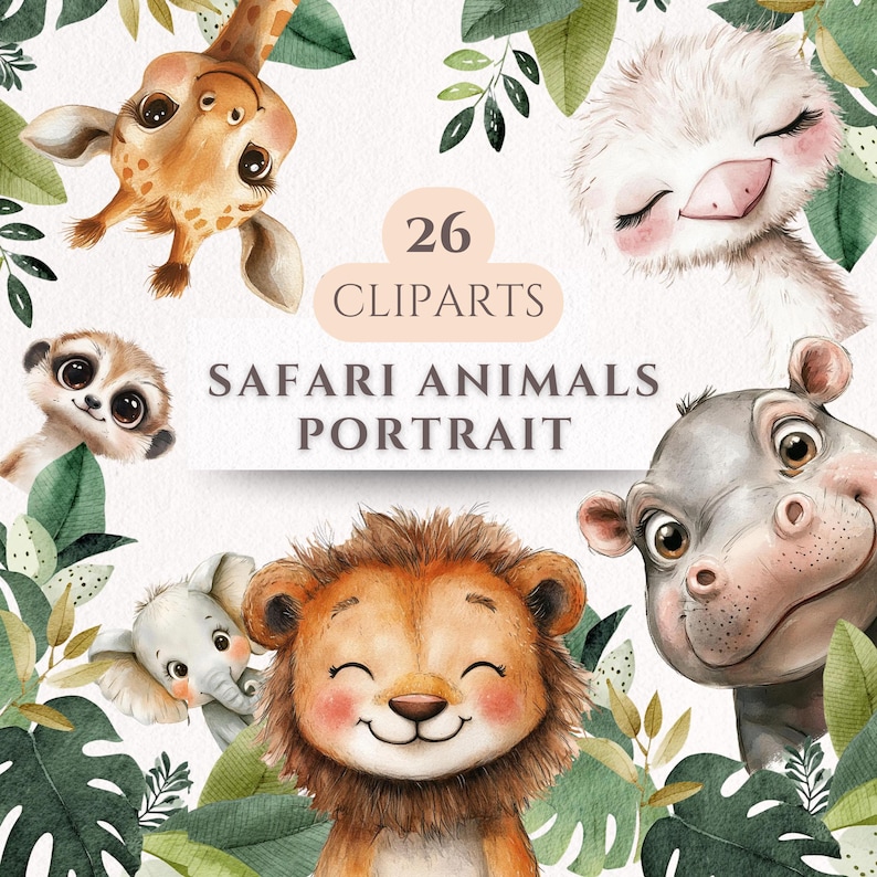 Safari Animal Clipart Baby Animals Png Watercolor Nursery Decor Bundle ...