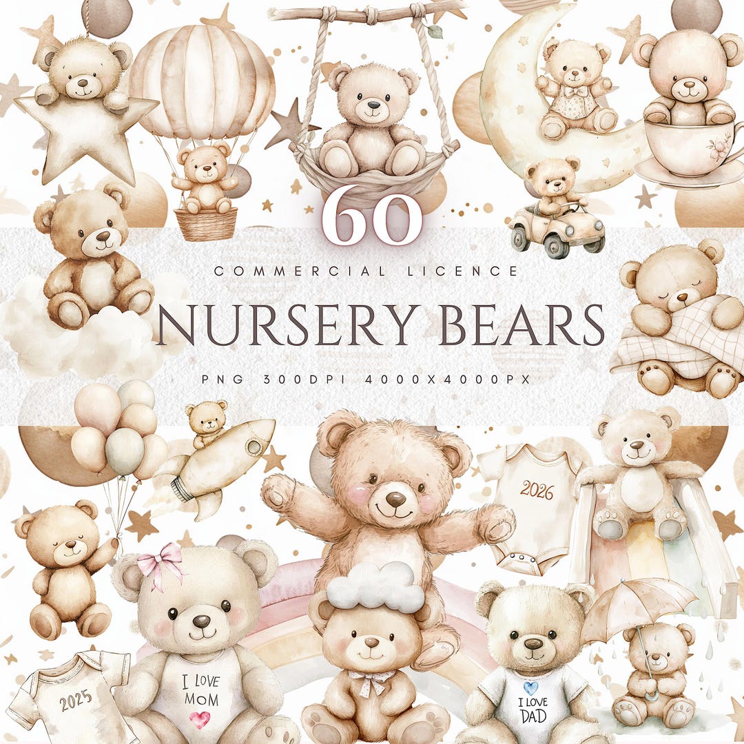 Watercolor Teddy Bear Clipart Bundle: Neutral Baby Shower Art (PNG ...