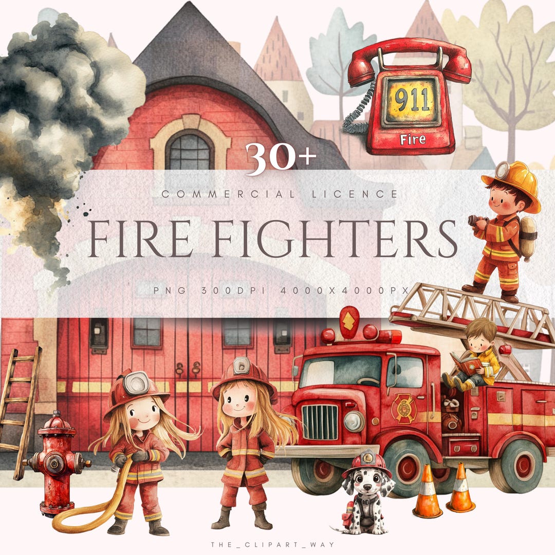 Firefighters Clipart Bundle: Watercolor Fire Truck, Nursery Decor ...