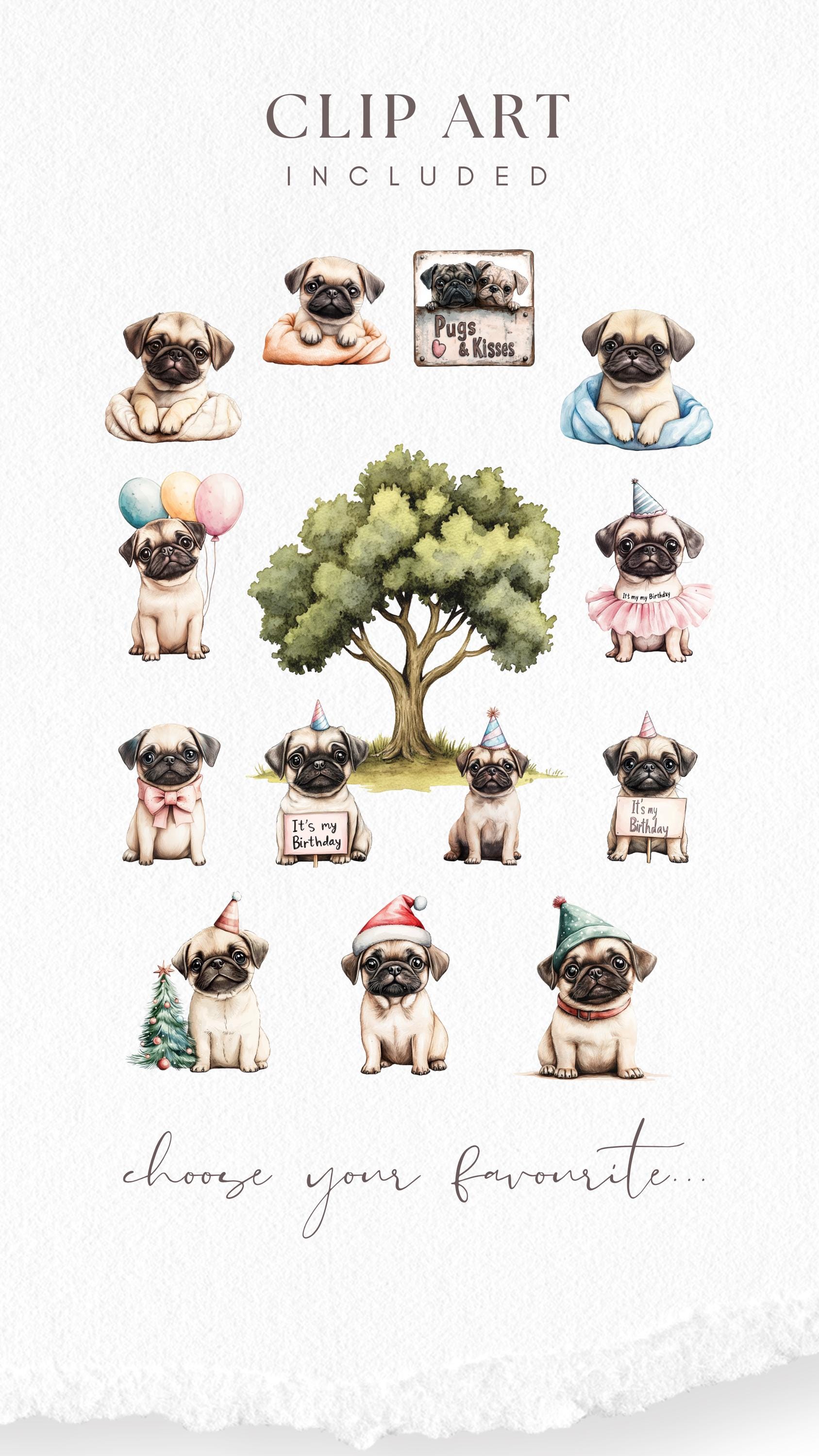 Cute Pug Breed Dog Clipart Bundle PNG Pug Puppy Lover Illustration Clip ...