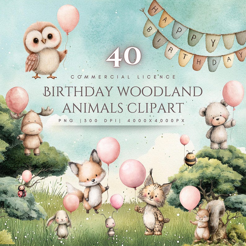 Woodland Birthday Clipart Digital Download Watercolor Animal Forest ...