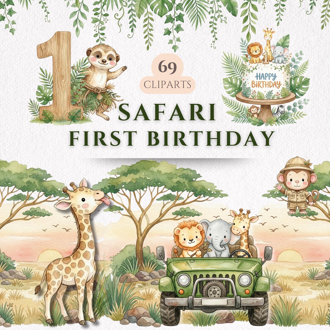 Jungle Animals Birthday Graphics Set Cute Zoo Party Illustration PNG ...