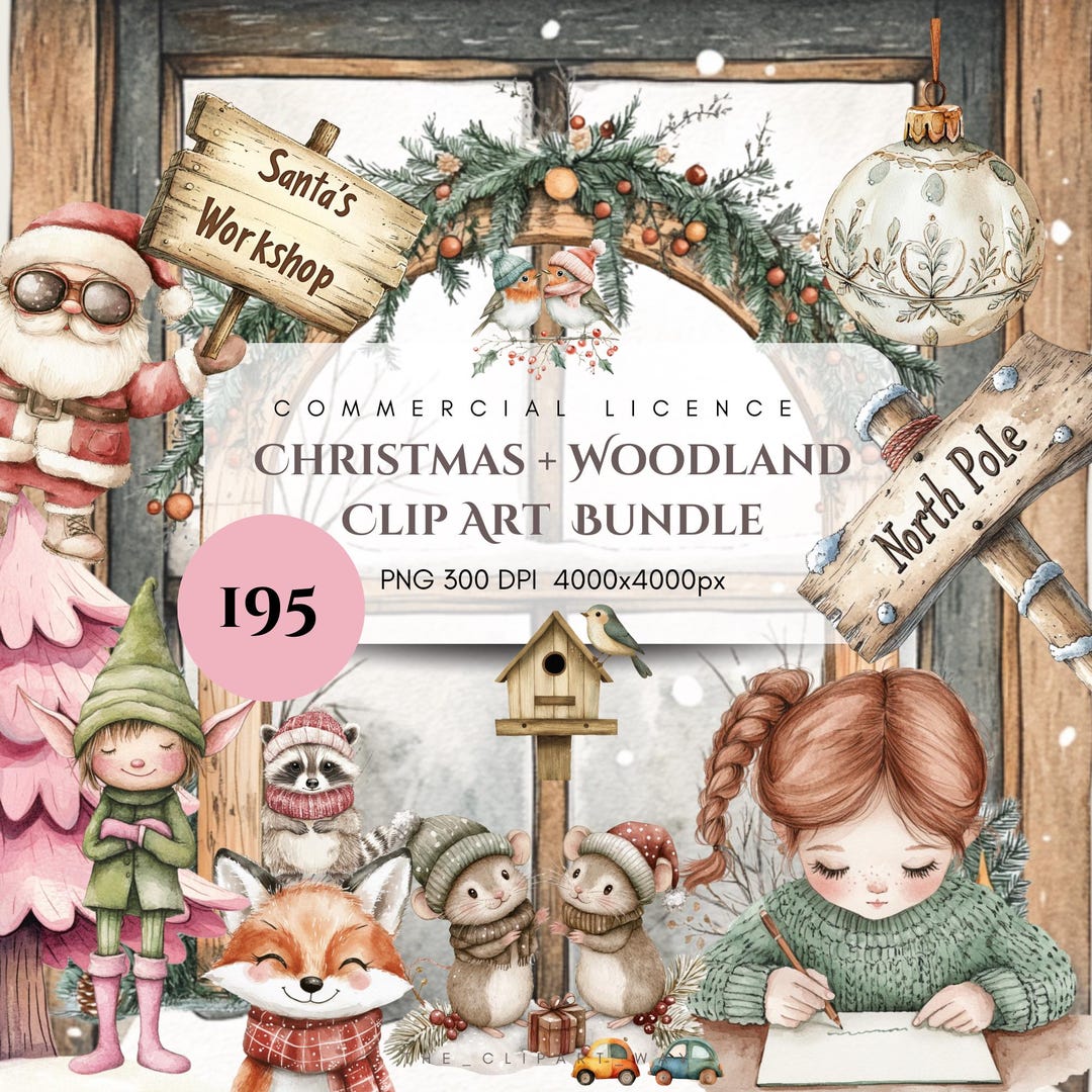Watercolor Christmas Clipart Bundle: Woodland Animals, Santa (PNG) - Etsy