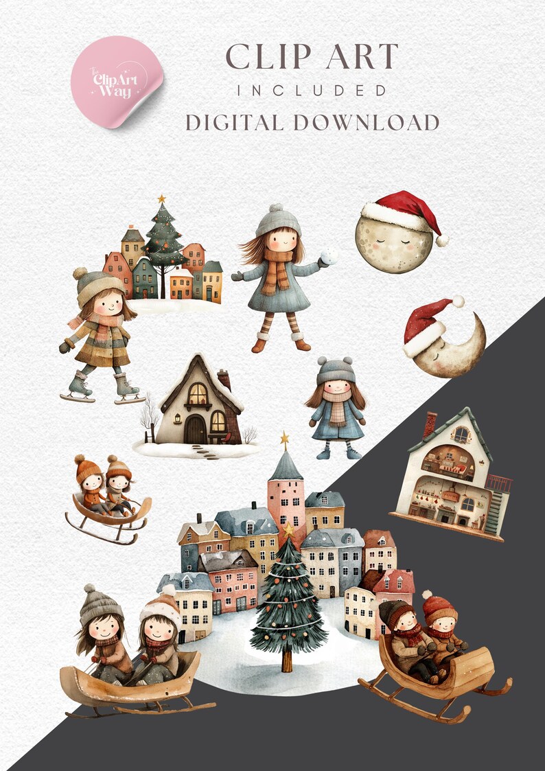 Watercolor Winter Wonderland Clipart Bundle: Christmas Village, Snowman ...