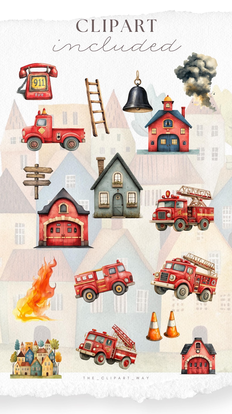 Firefighters Clipart Bundle: Watercolor Fire Truck, Nursery Decor ...