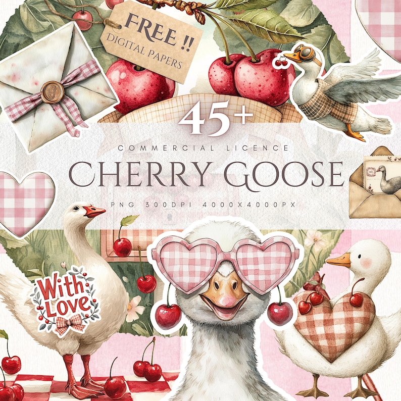 Gingham Cherry Goose Clipart Bundle Retro Watercolor Cute Geese With ...