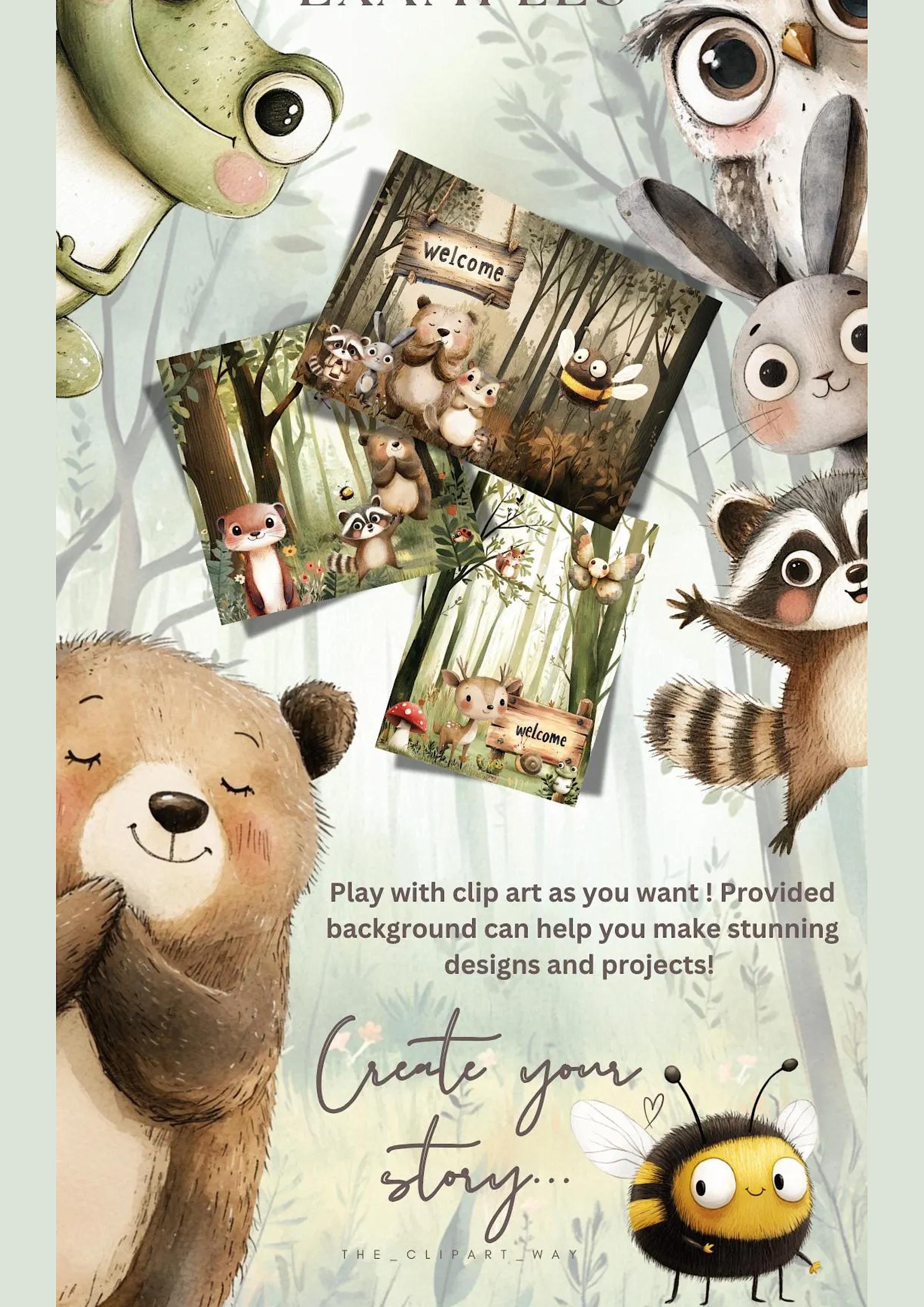 Woodland Nursery Clipart Watercolor Bear Fox Bunny PNG Baby Shower ...