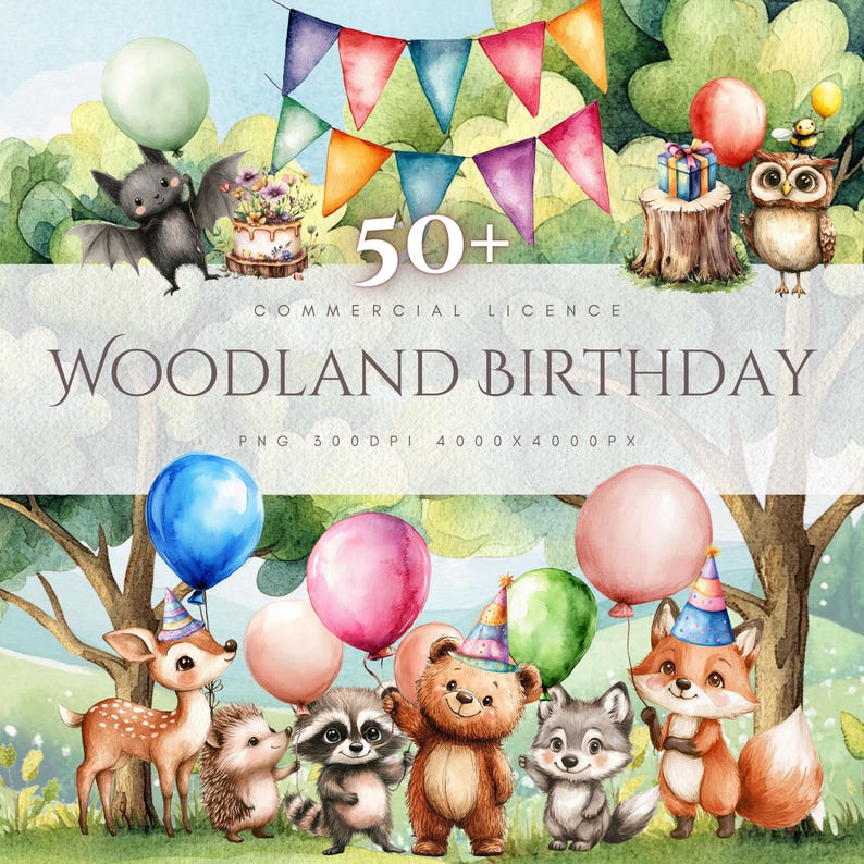 Woodland Birthday Clipart Bundle Watercolor Animals Party Elements for ...
