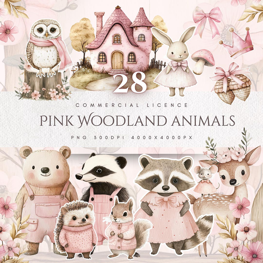 Pastel Pink Woodland Animals Clipart: Watercolor Nursery Decor (PNG) - Etsy