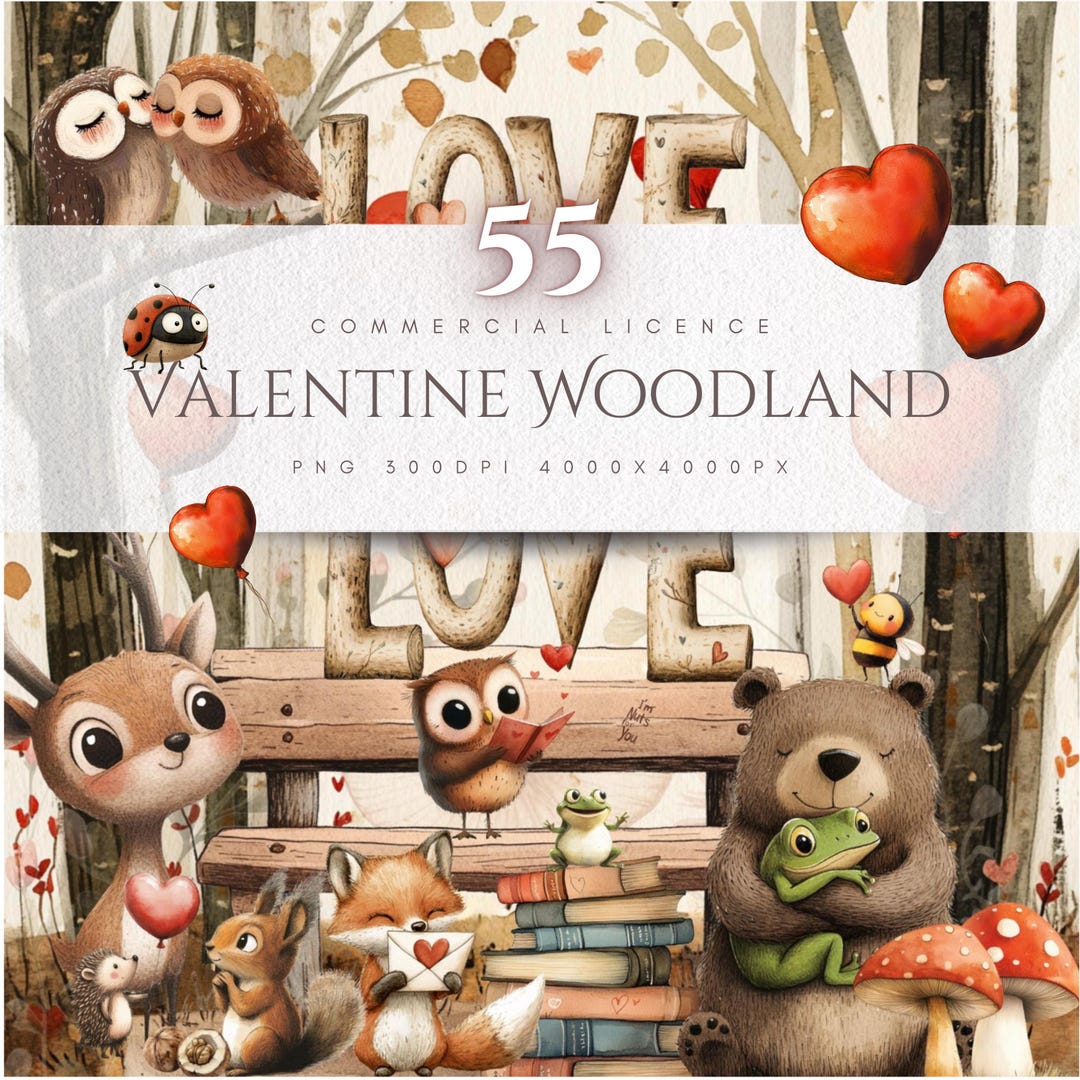 Valentine Woodland Clipart Bundle Watercolor Animals for Greeting Cards ...