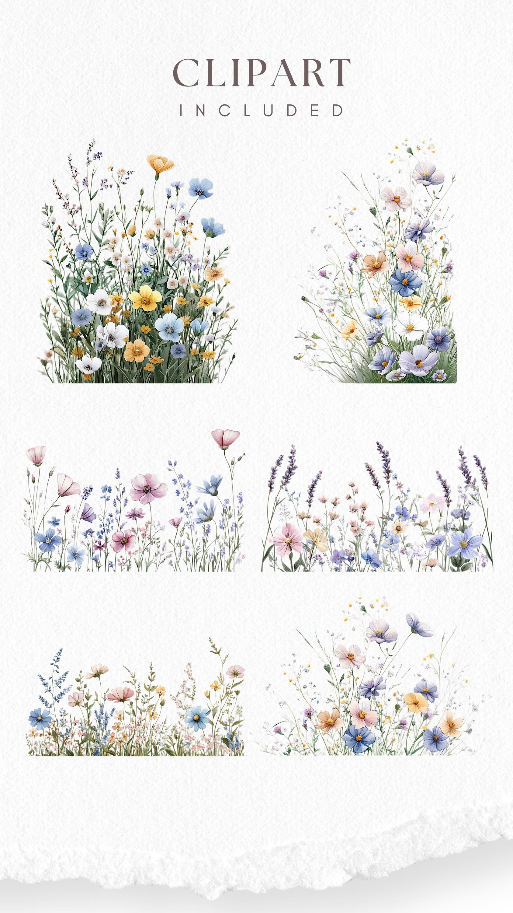 Watercolor Wildflower Clipart: Pastel Floral Borders, PNG Frames ...
