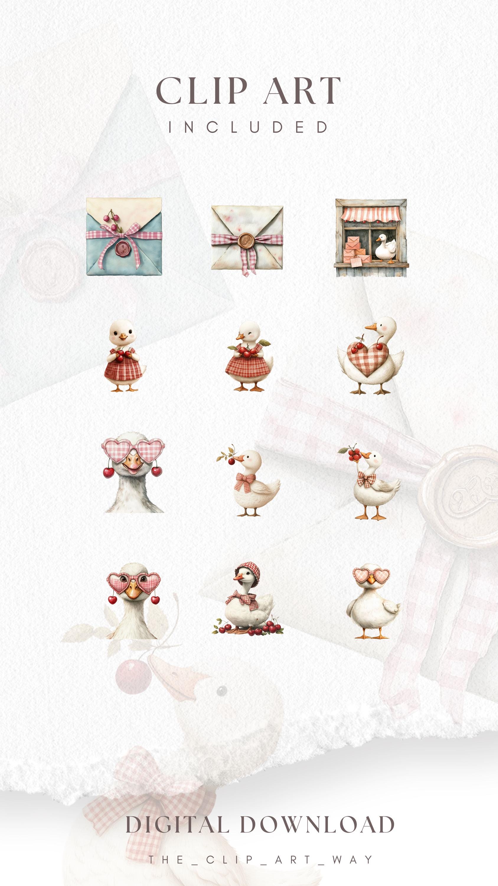 Gingham Cherry Goose Clipart Bundle Retro Watercolor Cute Geese With ...