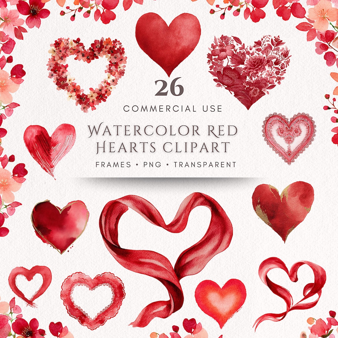 36 Watercolor Red Heart Clipart PNG | Commercial Use Hearts | Floral ...