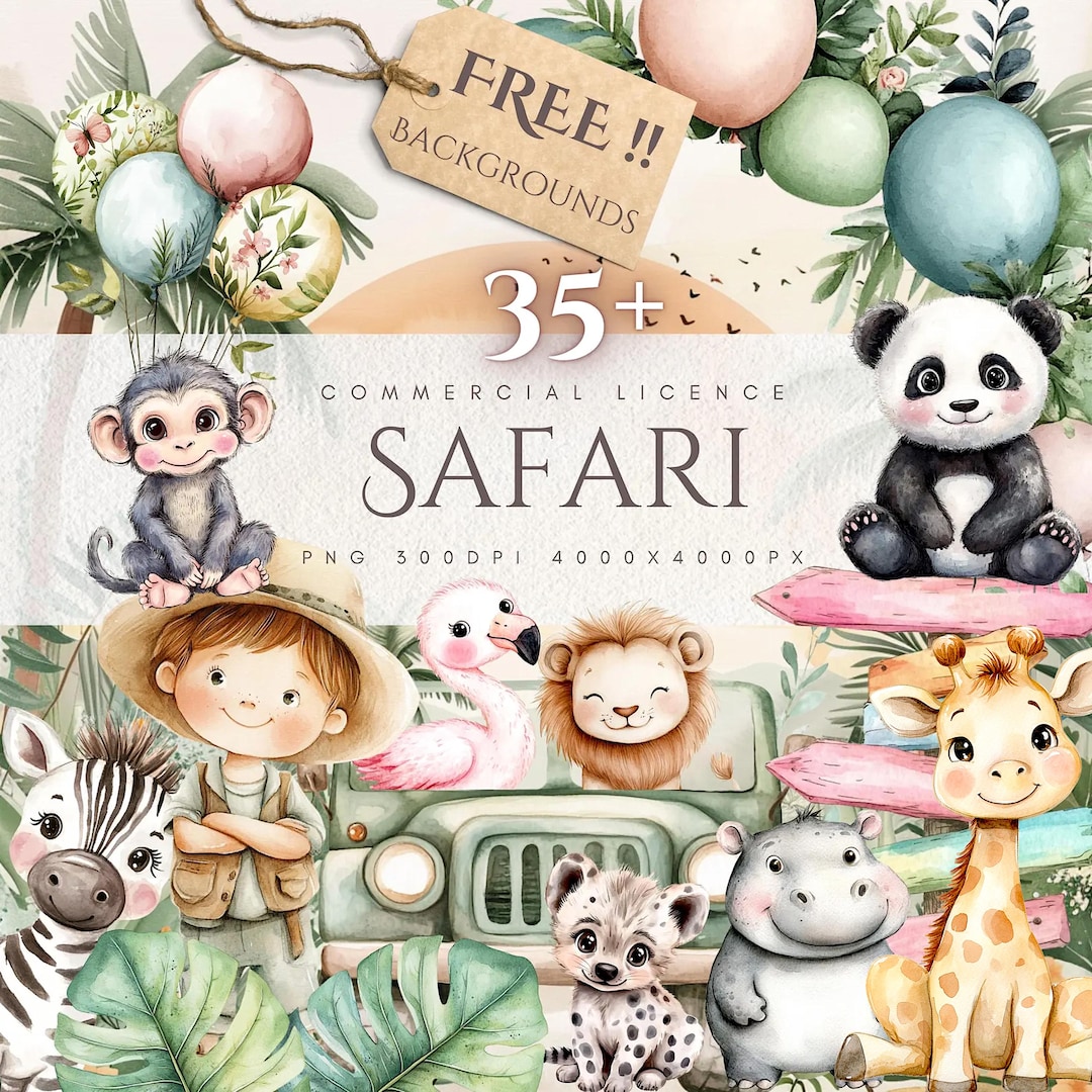 Safari Nursery Clipart Bundle PNG Watercolor Baby Animals for Baby ...