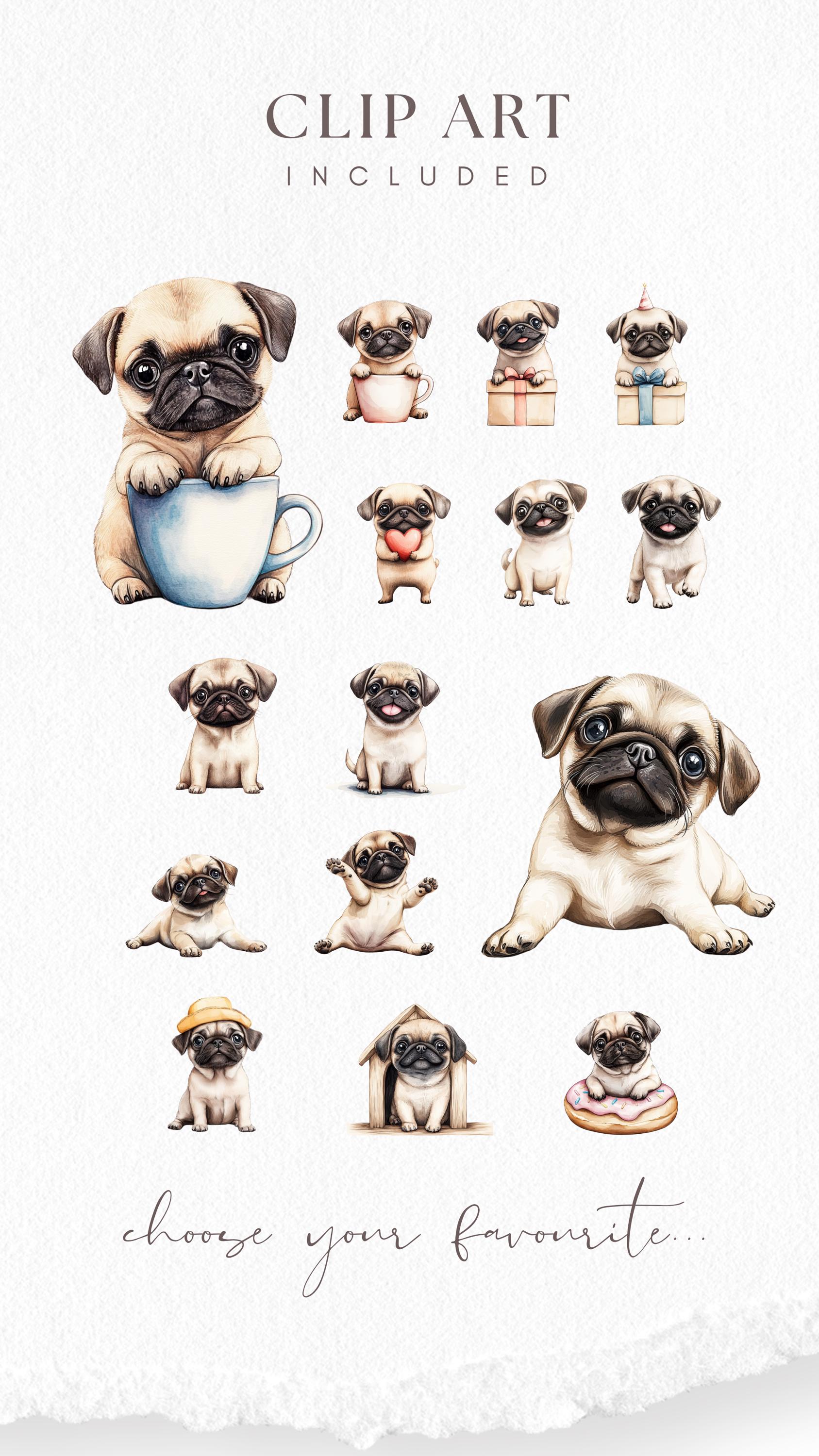 Cute Pug Breed Dog Clipart Bundle PNG Pug Puppy Lover Illustration Clip ...