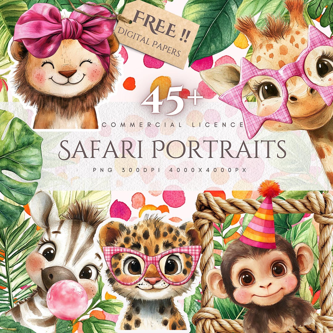 Safari Animals Clipart Bundle Watercolor Jungle Faces for Nursery ...