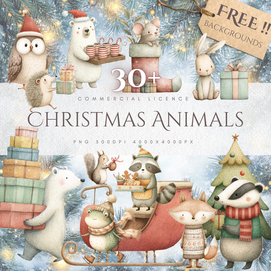 Watercolor Christmas Animal Clip Art: Woodland PNG Bundle (digital ...