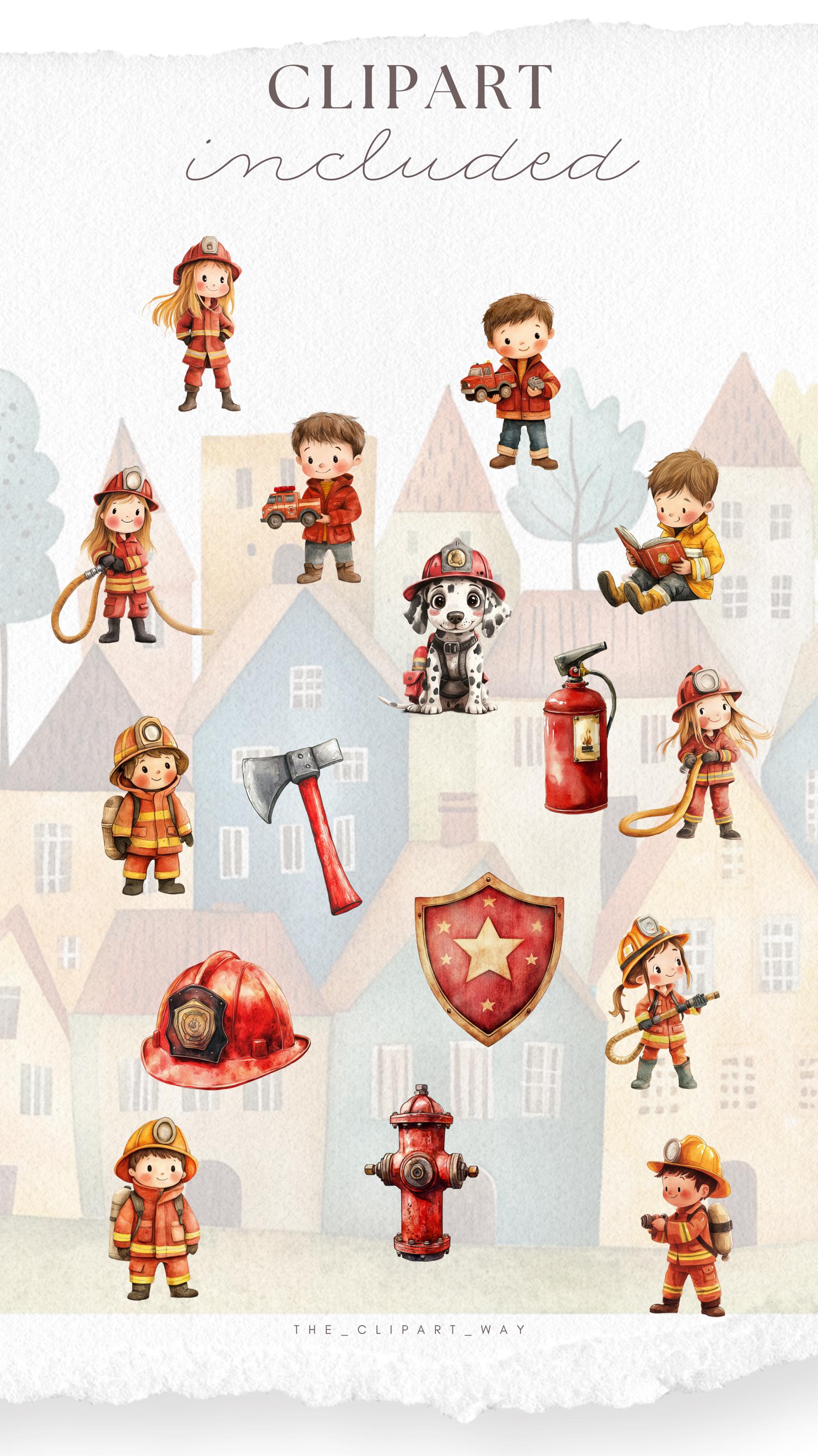 Firefighters Clipart Bundle: Watercolor Fire Truck, Nursery Decor ...