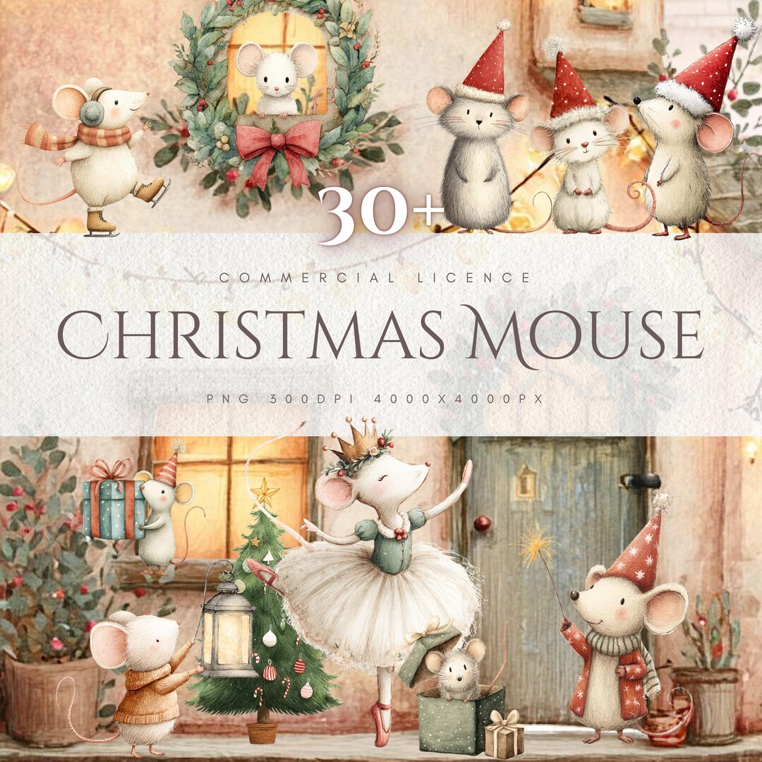 Watercolor Christmas Mouse Clipart Bundle: Holiday Pngs (digital ...