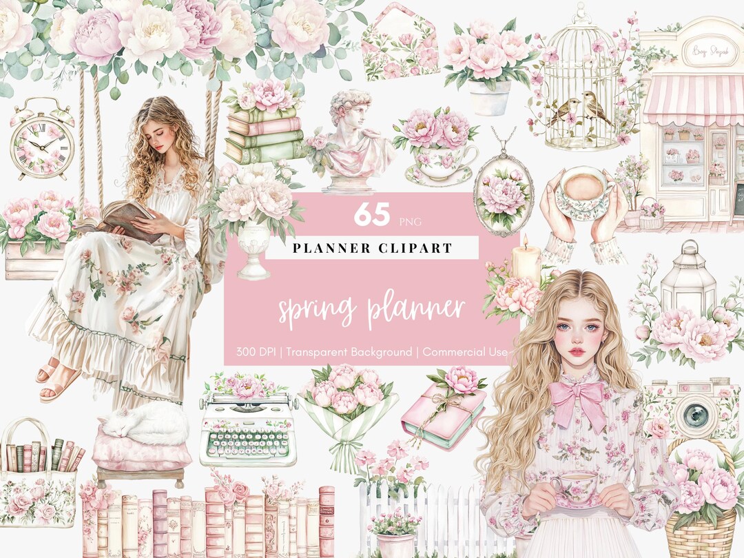 Watercolor Spring Planner Clipart Digital Stickers Planner Book Lover ...