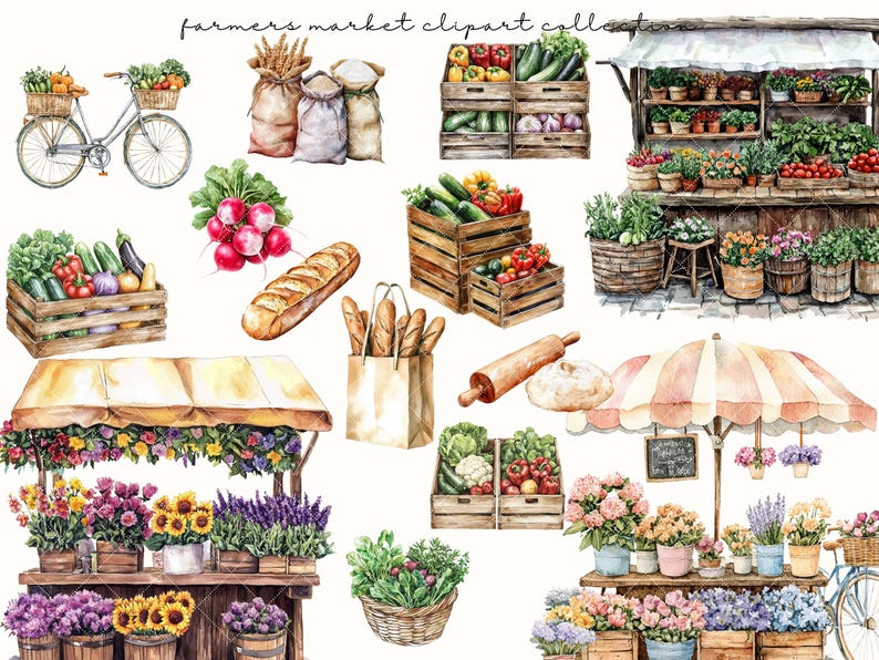 Watercolor Farmers Market Clipart Bundle, Fruit Veggies Floral Stall ...