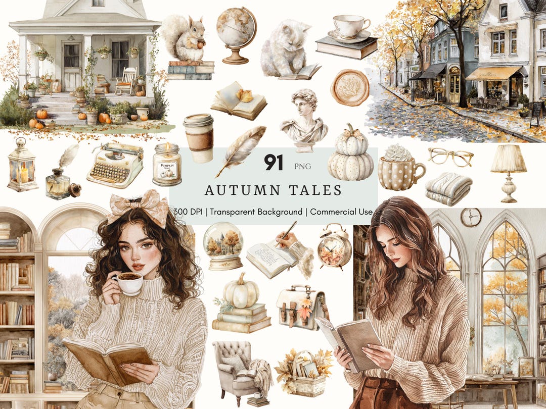 Watercolor Fall Clipart, Autumn Graphics, Book Lover Girl, Junk Journal ...
