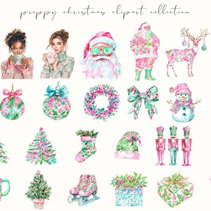 Preppy Christmas Clipart, Pink & Green Holiday Watercolor, Christmas ...
