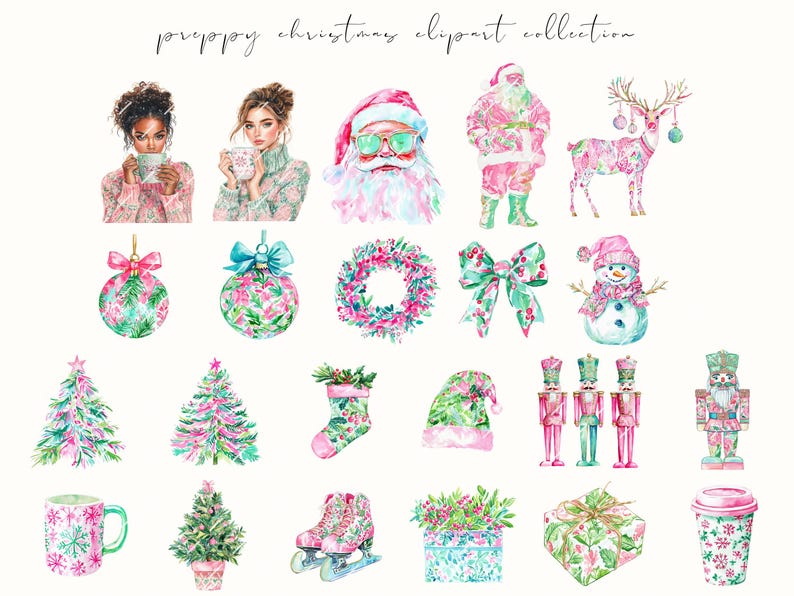 Preppy Christmas Clipart, Pink & Green Holiday Watercolor, Christmas ...