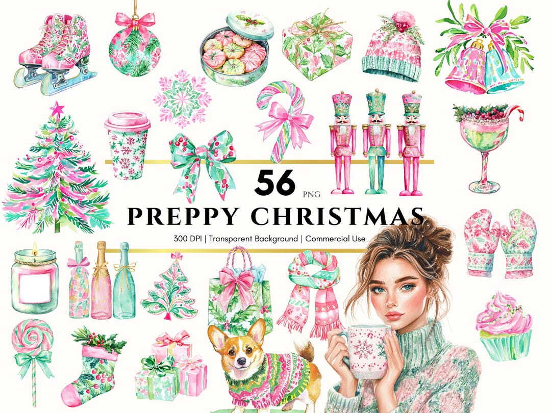 Preppy Christmas Clipart, Pink & Green Holiday Watercolor, Christmas ...