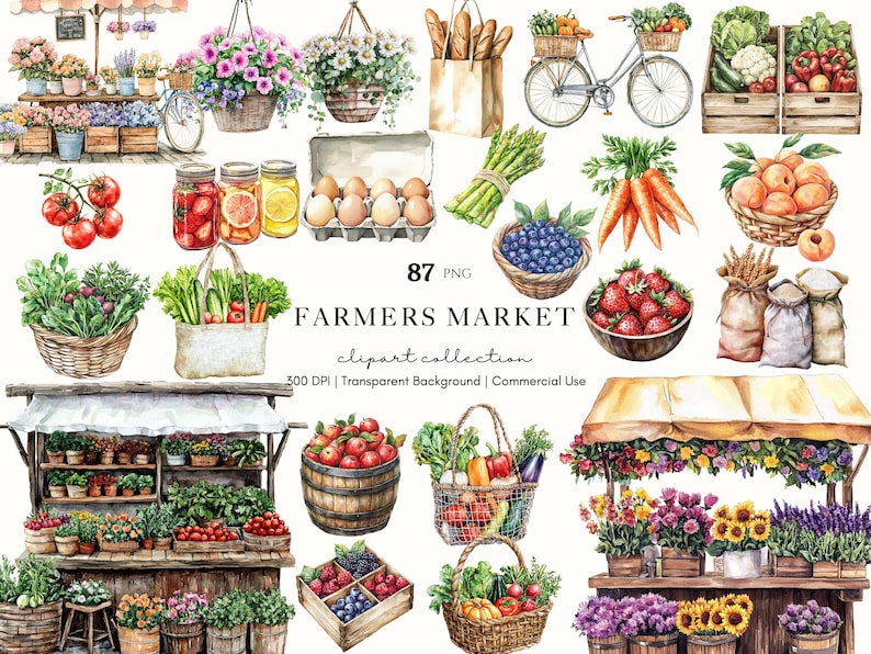 Watercolor Farmers Market Clipart Bundle, Fruit Veggies Floral Stall ...