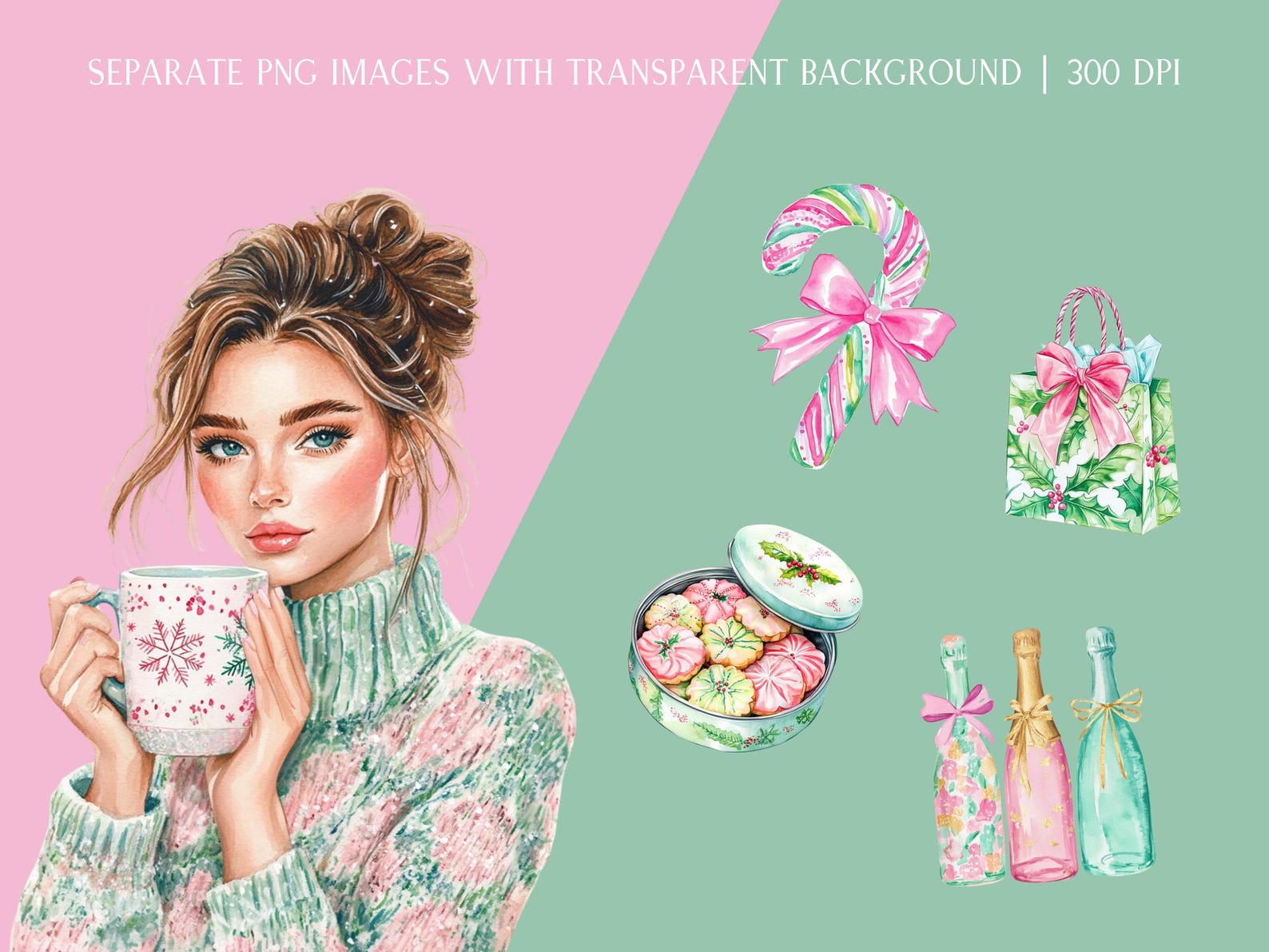 Preppy Christmas Clipart, Pink & Green Holiday Watercolor, Christmas ...