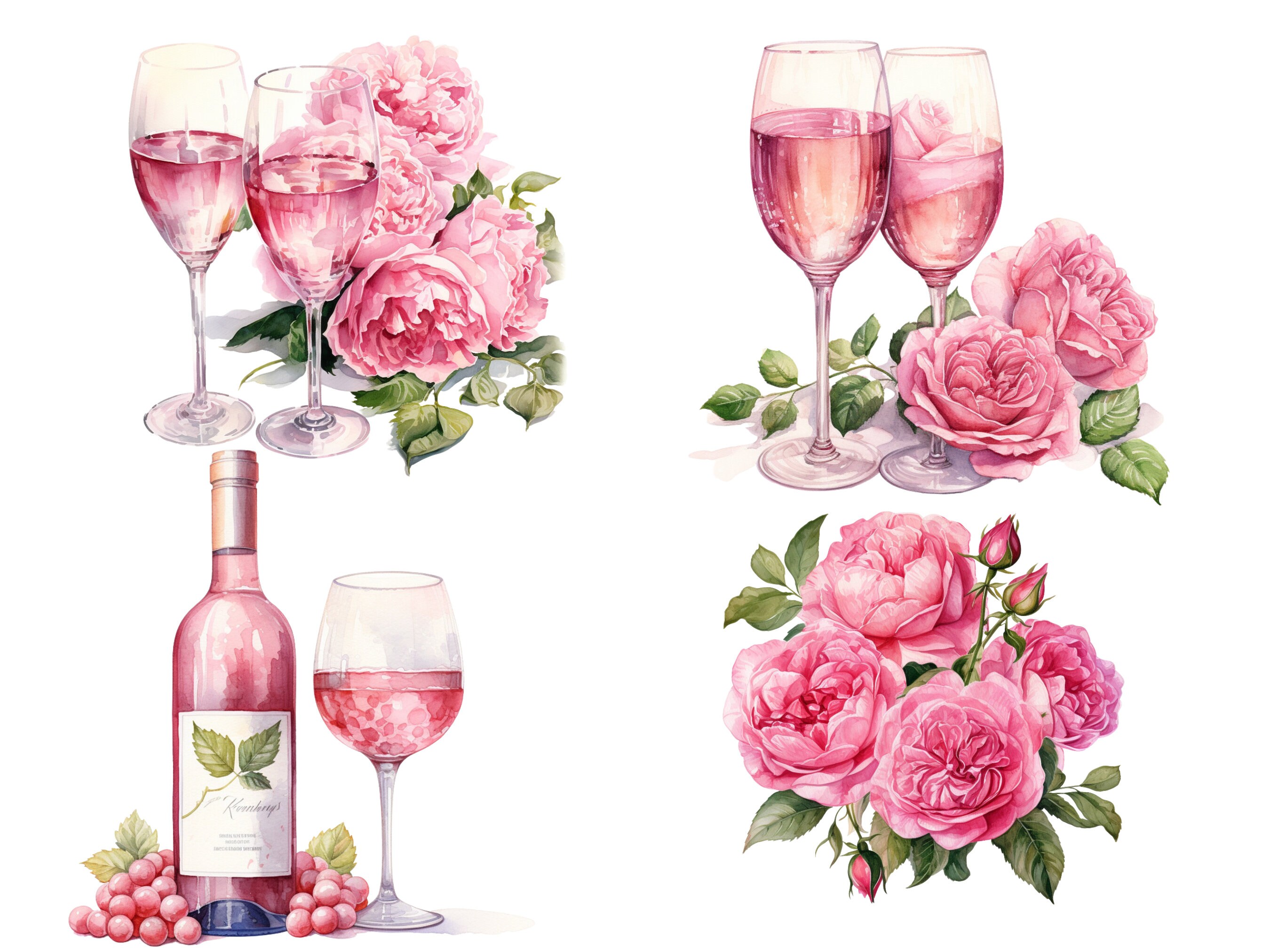 Rose Wine Bundle Watercolor Clipart, Wine Grapes, Wine Graphics ...