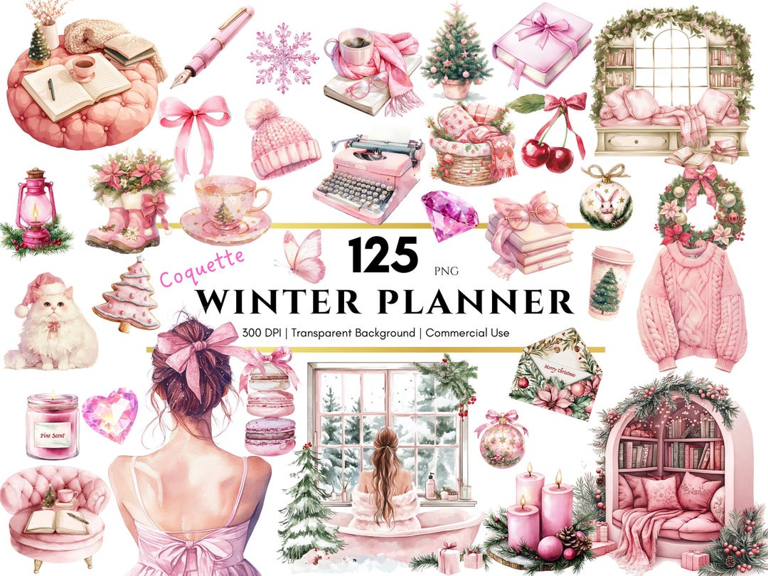 Coquette Winter Planner Clipart, Christmas Clipart, Watercolor ...