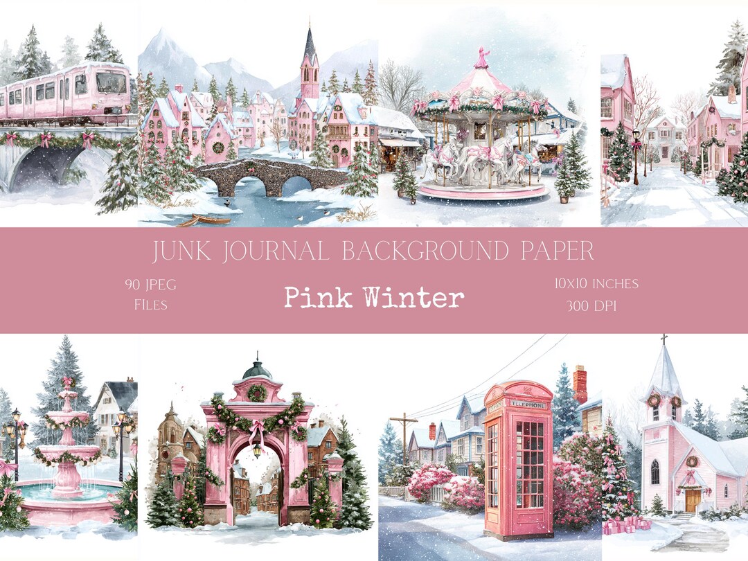 Pink Winter Scenes Christmas Clipart, Snowy Landscapes, Holiday Art ...