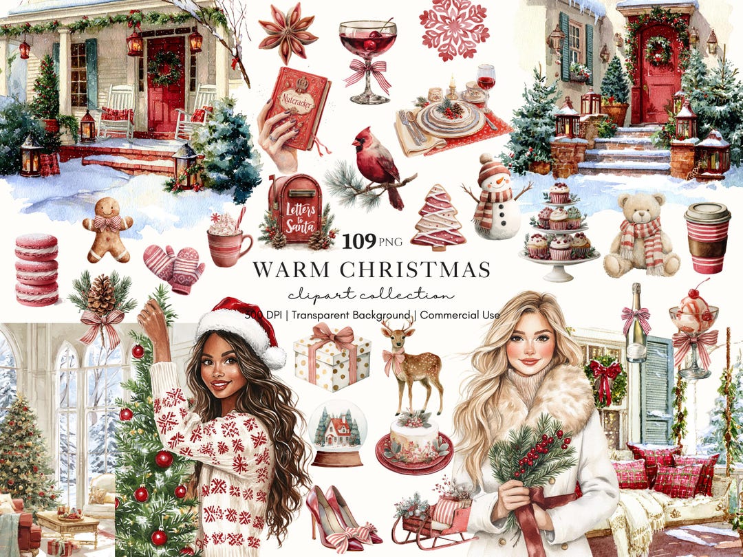 Watercolor Classic Christmas Clipart, Cozy Christmas, Winter Clip Art ...