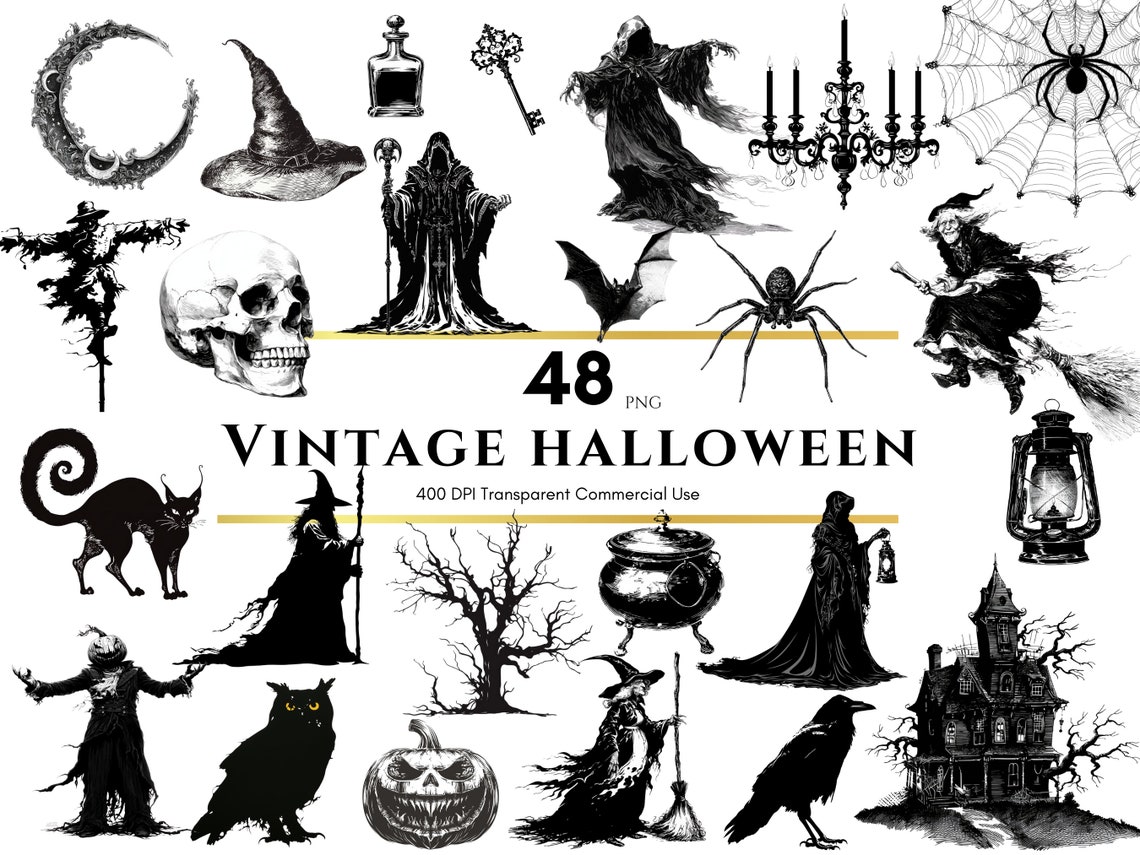 Vintage Halloween Clipart, Halloween PNG, Retro Halloween Clipart ...