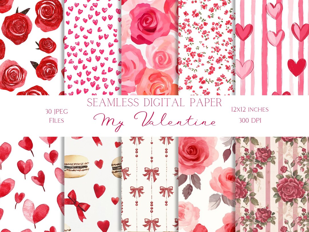 Valentine Bow Heart Stripes Seamless Repeating Pattern JPG, Watercolor ...