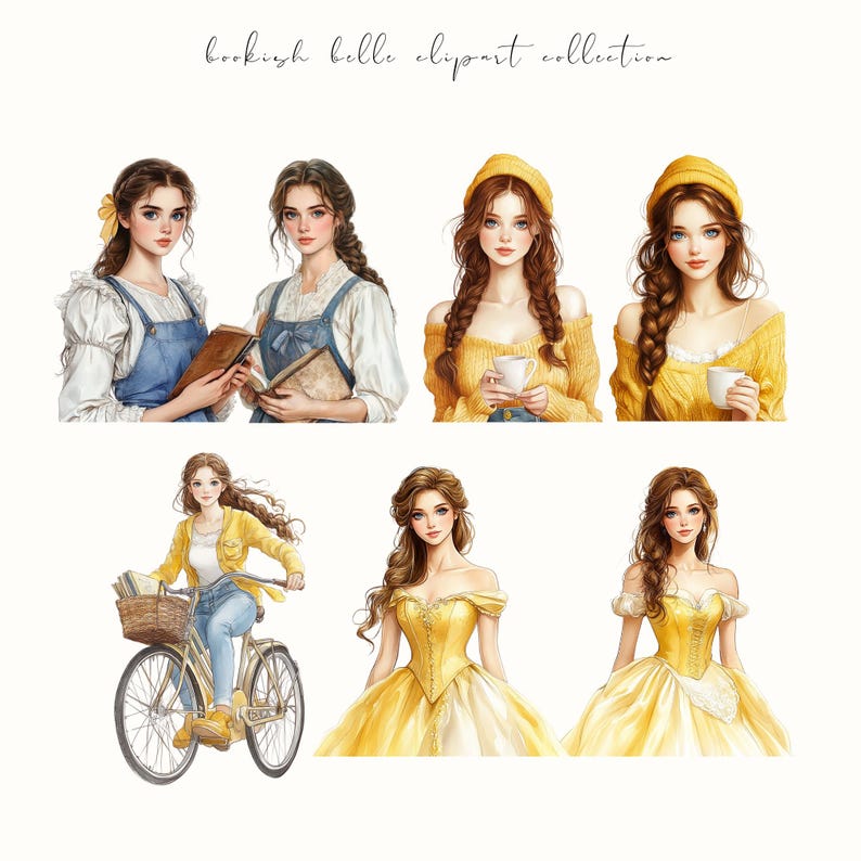 Watercolor Bookish Belle Clipart, Beauty and the Beast PNG, Princess ...