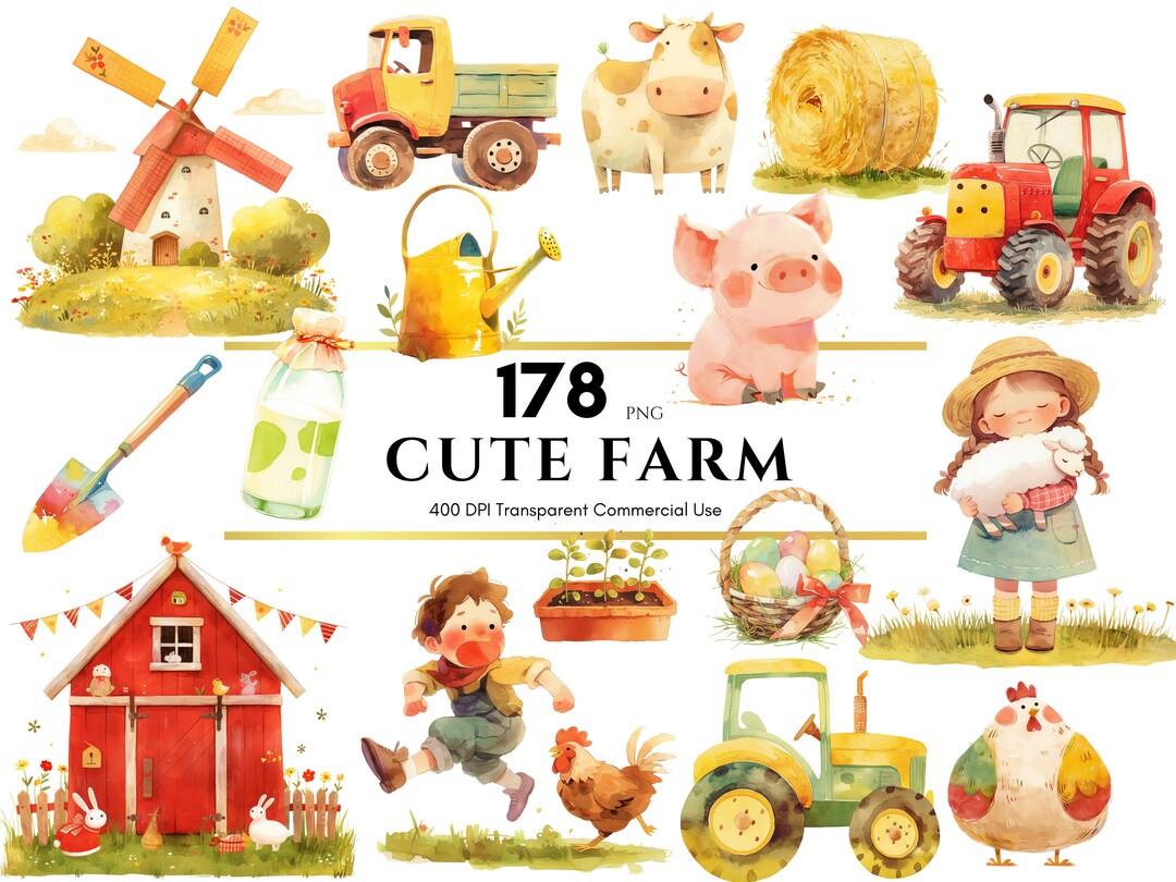 Cute Farm Clipart, Watercolor Farm Animals, Farm Animals PNG, Baby ...