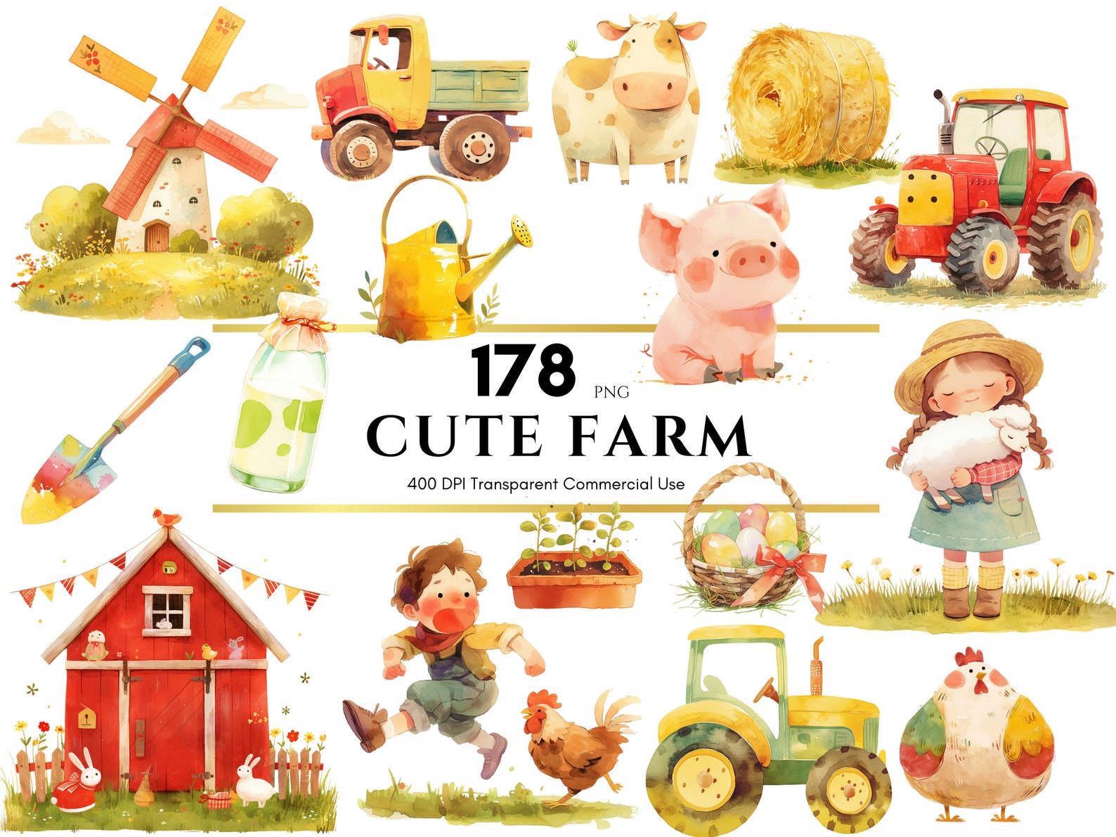Cute Farm Clipart, Watercolor Farm Animals, Farm Animals PNG, Baby ...