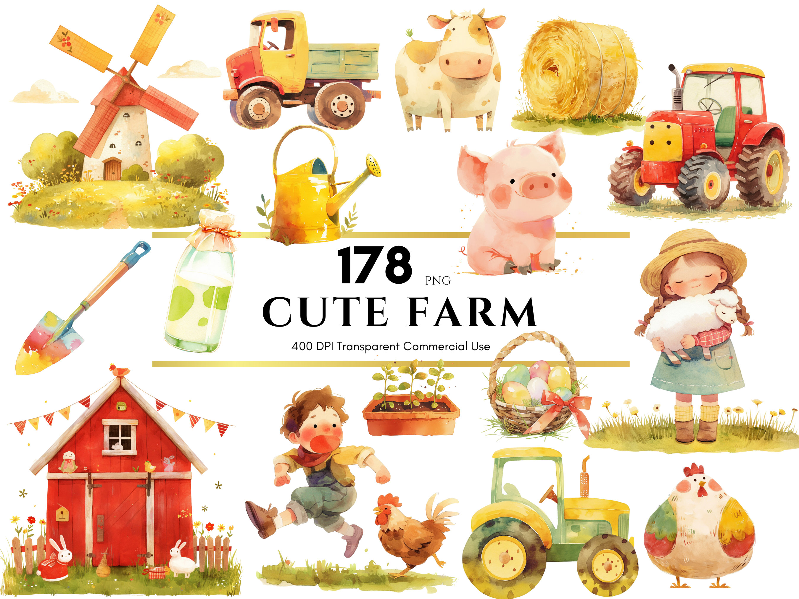 Cute Farm Clipart, Watercolor Farm Animals, Farm Animals PNG, Baby ...