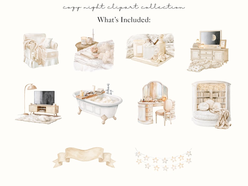 Cozy Night Clipart Bundle PNG, Neutral Beige Aesthetic, Self Care ...